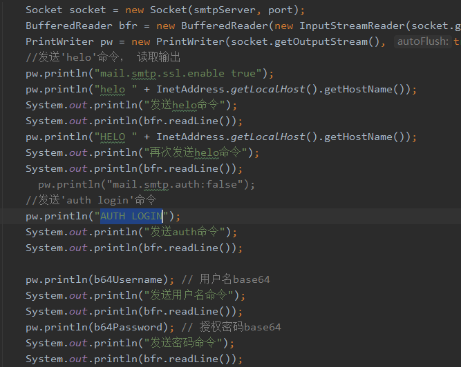 Java Socket 发送邮件,在window上可以正常发送,部署到linux 上 发送完helo 之后,在发送auth Login 就提示 502 Invalid Input From 是